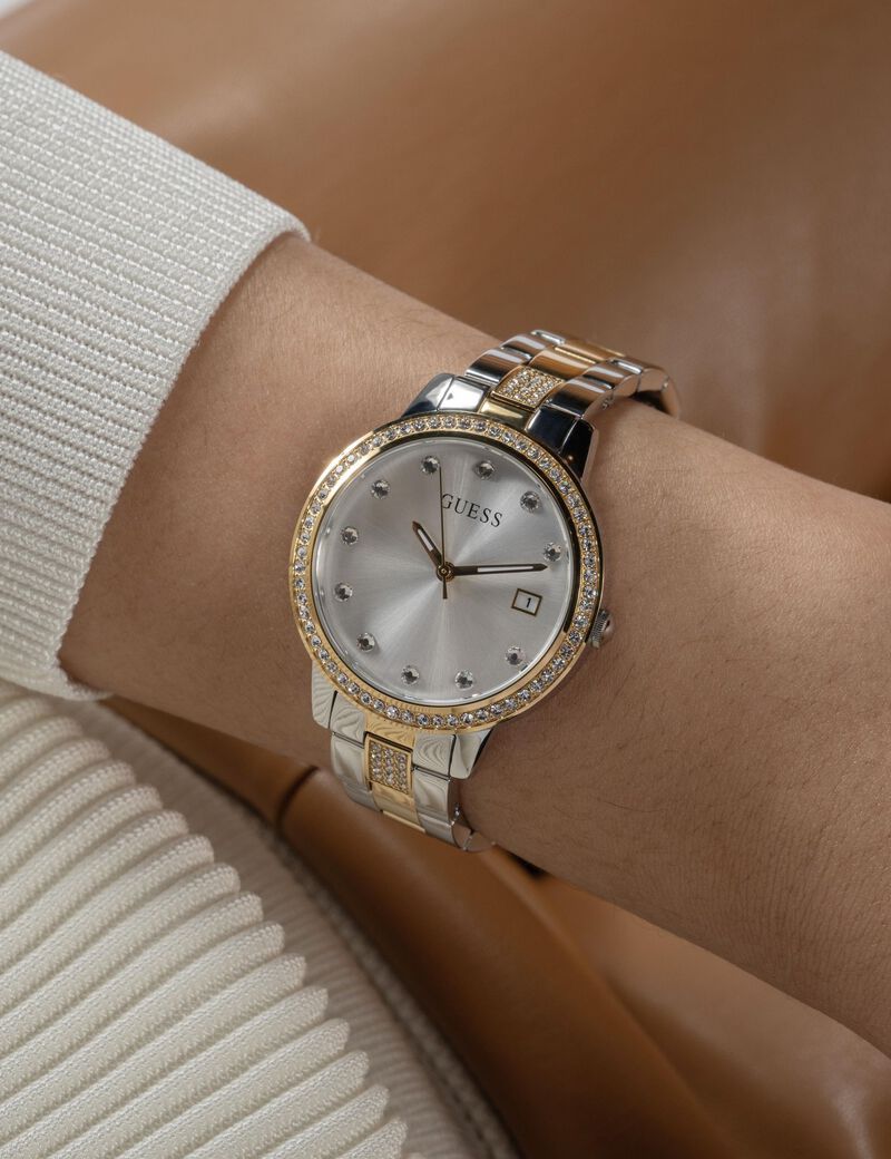 Shop GUESS Analogue watch with crystal appliqué detailing, Silver ...