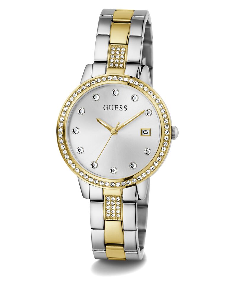Shop GUESS Analogue watch with crystal appliqué detailing, Silver ...
